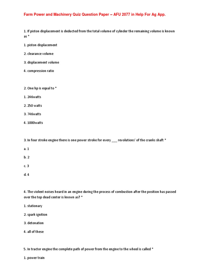 Farm Power and Machinery Quiz 2077 | PDF | Internal Combustion Engine ...