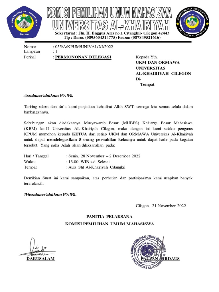 Surat Permohonan Delegasi MUBES UKM Dan ORMAWA | PDF