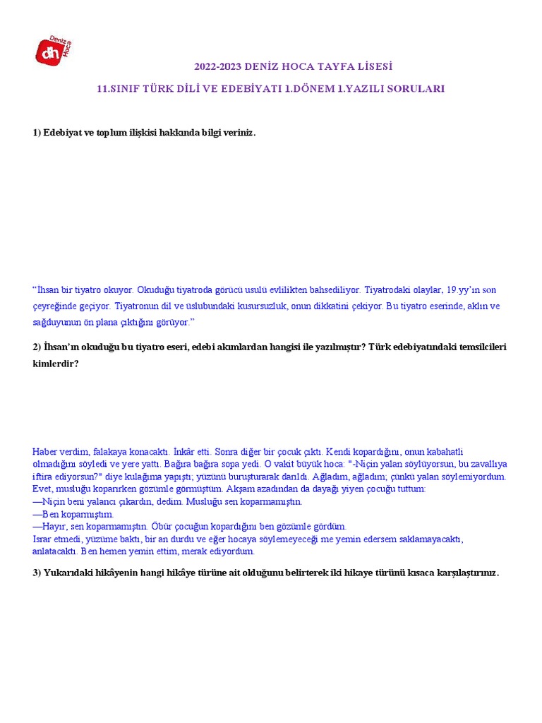 11.sinif Edebiyat 1.donem 1.yazili Soru Ve Cevaplari | PDF