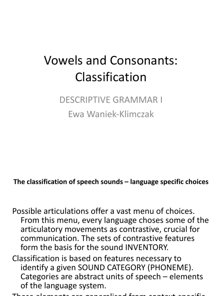DG - Vowels and Consonants - Classification | PDF | Vowel | Linguistics