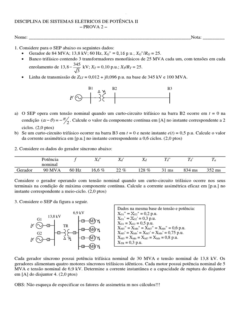 Prova 2 Sistemas Elétricos de Potência 2 | PDF | Potência (Física) | Quantidade