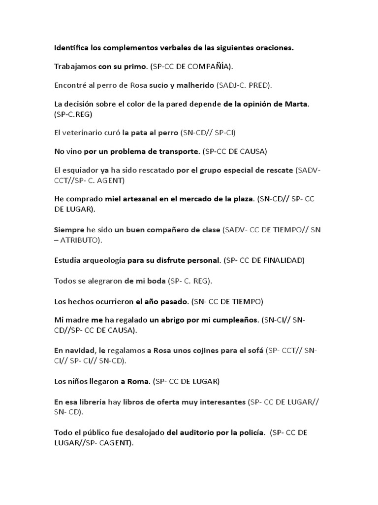 Ejercicios Complementos Del Verbo Respuestas | PDF