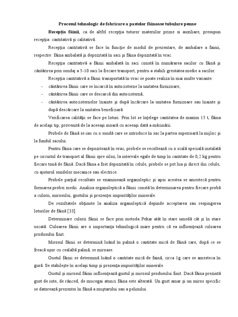 Procesul Tehnologic de Fabricare A Pastelor Făinoase Tubulare Penne | PDF