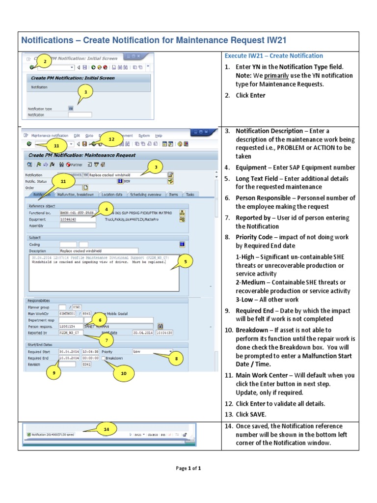 Notifications - Create Notification For Maintenance Request - IW21 ( | PDF | Software | Computing