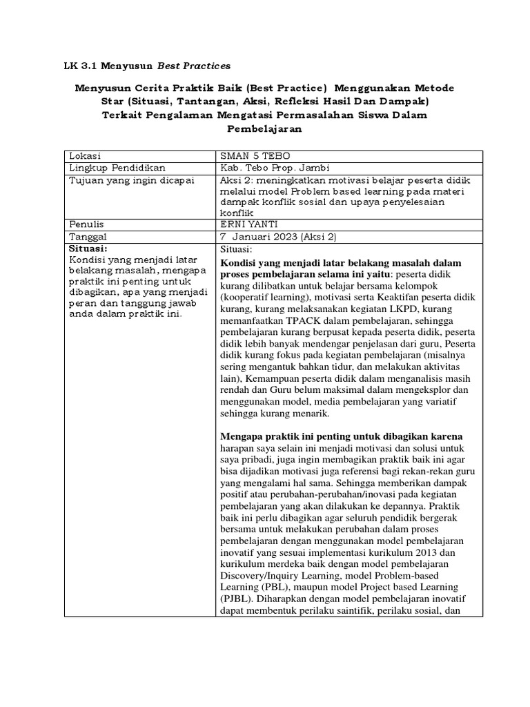 LK 3.1 Menyusun Best Practices Erni Yanti Sosiologi | PDF | Karier & Perkembangan | Pengembangan ...