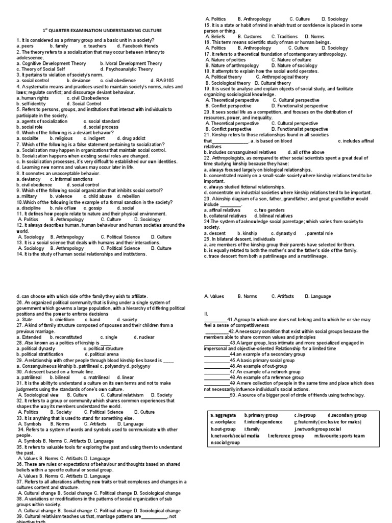 1st QUARTER EXAMINATION UNDERSTANDING CULTURE | PDF | Socialization ...