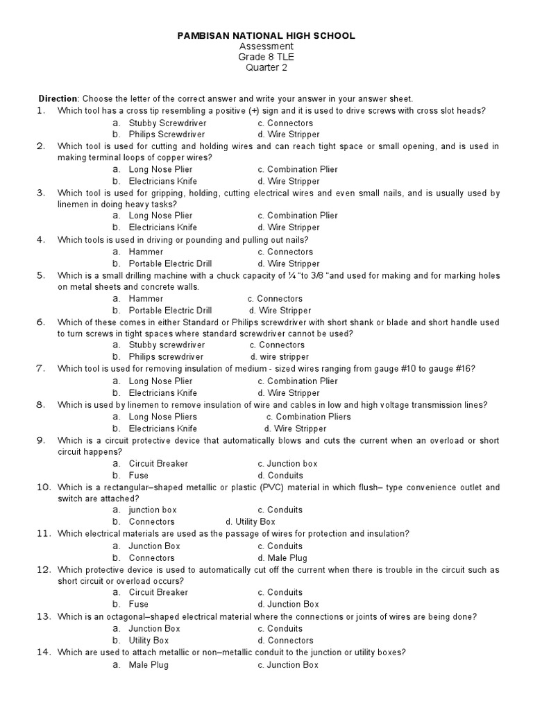 ASSESSMENT G8 TLE q2 | PDF | Electrical Connector | Drill