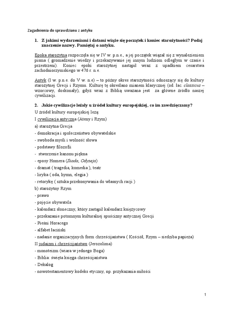 Zagadnienia Do Sprawdzianu Z Antyku - Sprawdzian | PDF