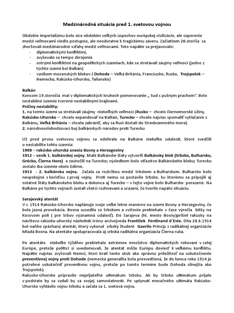 MedzinÃ¡rodÃ¡ Situã¡cia Pred Vojnou A Vznik ww1 | PDF