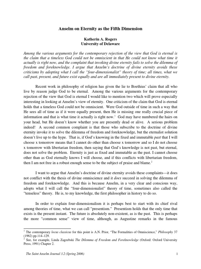 Rogers - Anselm of Eternity As Fifth Demension | PDF | God | Predestination