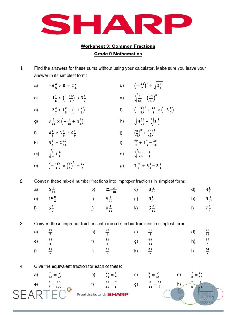 Worksheet 3 Common Fractions Grade 9 Maths | PDF | Mathematical ...