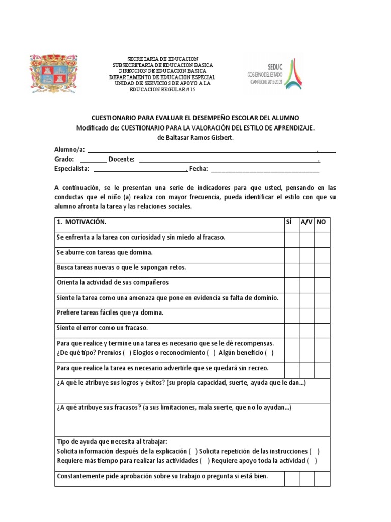 Cuestionario de Evaluación del Desempeño Escolar | PDF | Aprendizaje ...