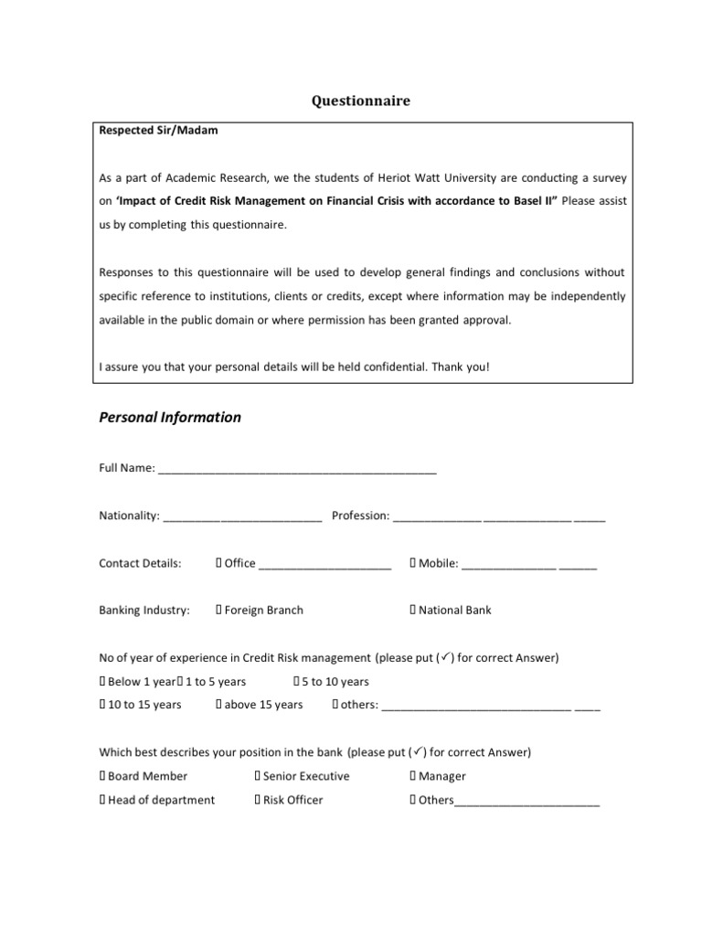 Credit Risk Management Questionnaire | PDF | Basel Ii | Risk Management