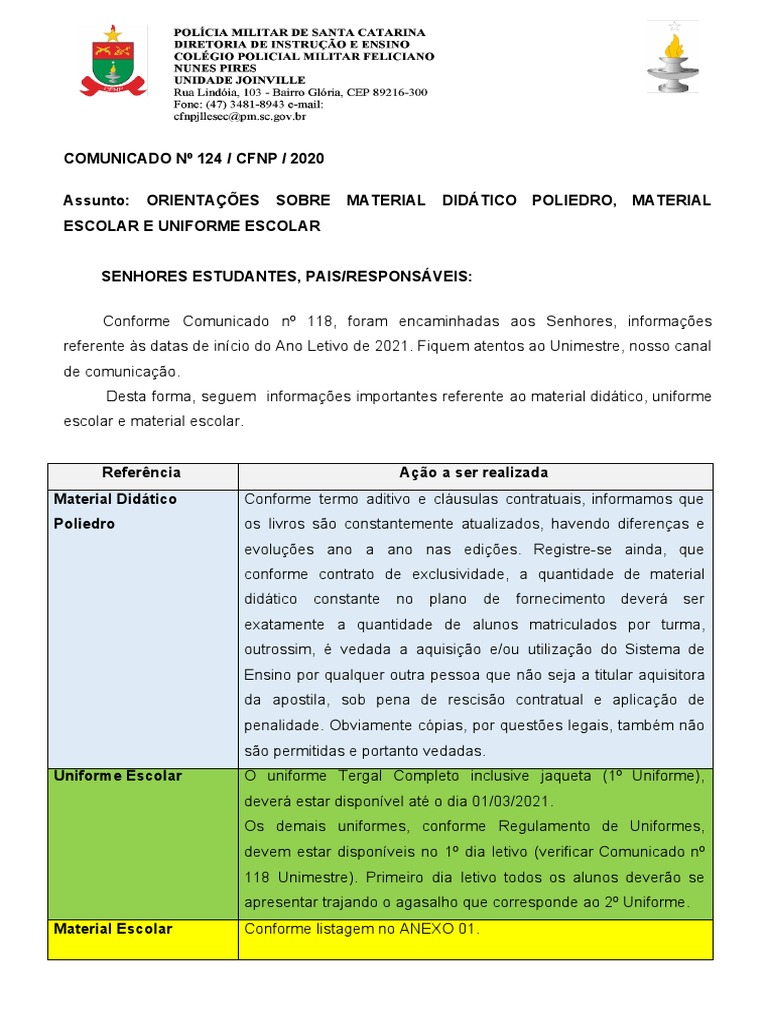 Comunicado #124 - Material Escolar e Uniforme | PDF