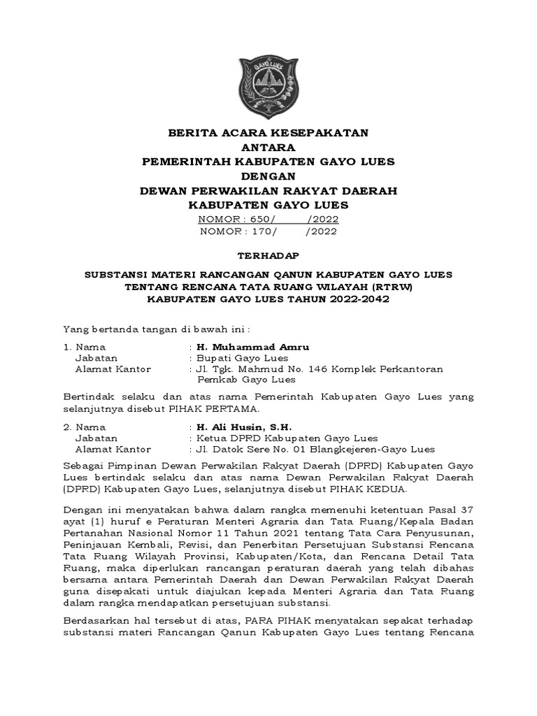 Berita Acara Kesepakatan DPRK Dan Bupati | PDF