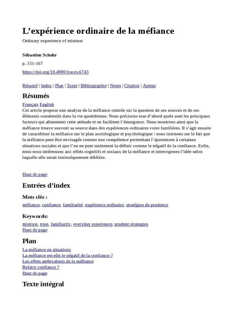 Analyse sociologique de la méfiance | PDF | Expérience | Risque
