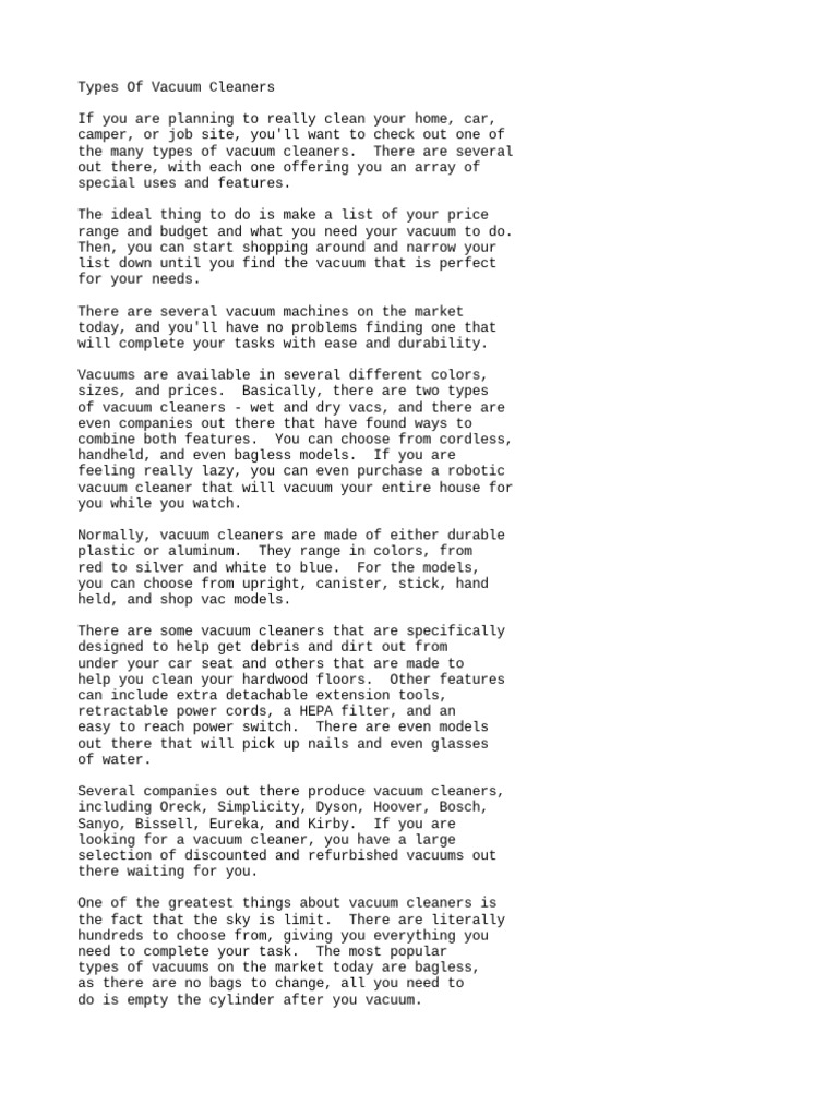 Types of Vacuum Cleaners | PDF | Vacuum Cleaner | Manufactured Goods