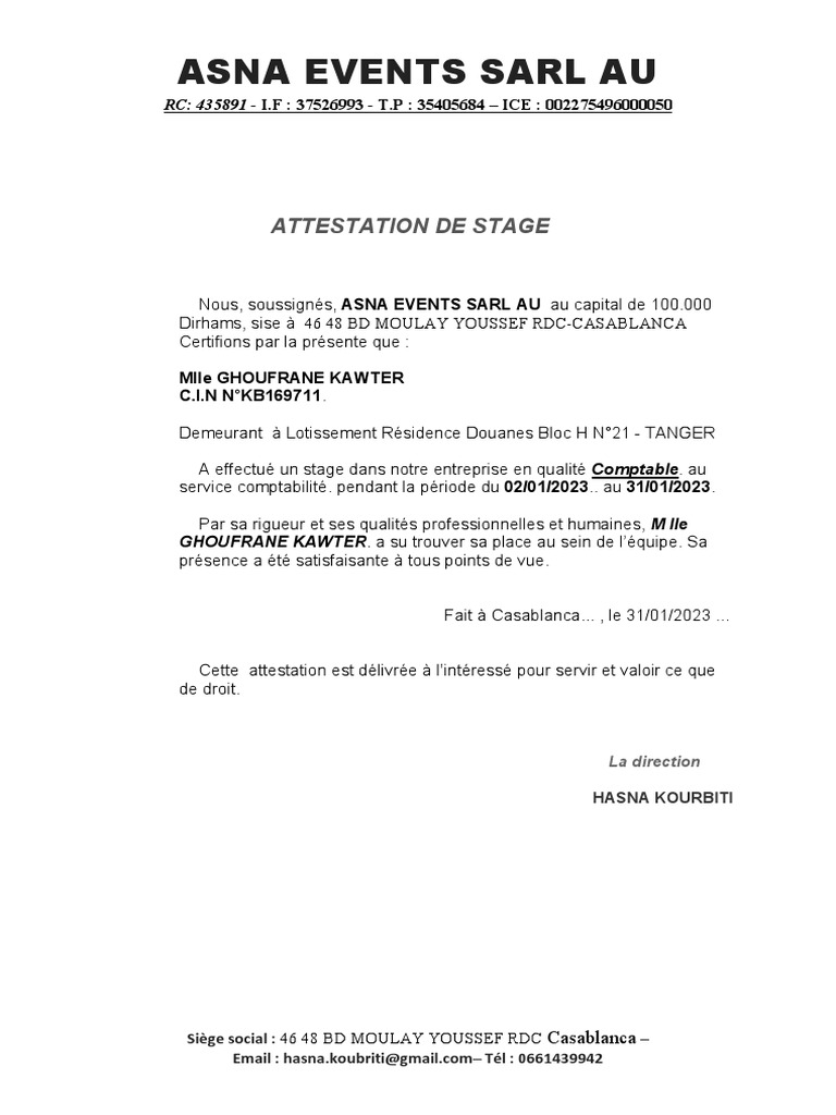 Attestation de stage de Mlle Kawter | PDF