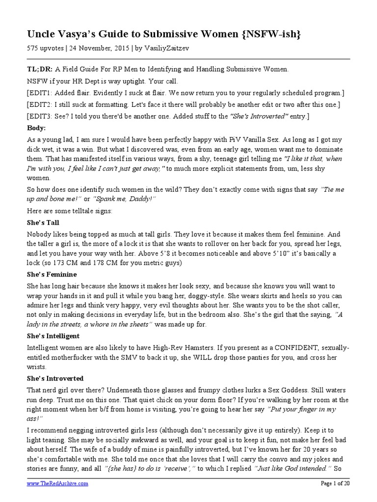 Uncle Vasya's Guide To Submissive Women (NSFW-Ish) | PDF | Bondage (Bdsm) | Dominance And Submission