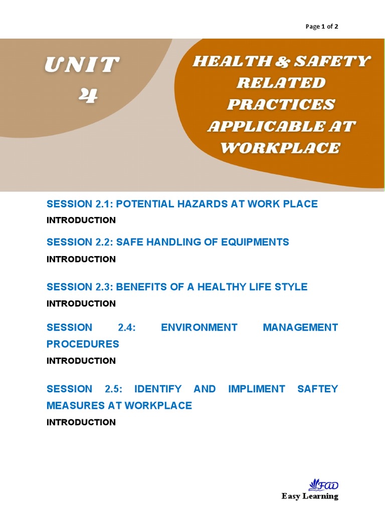 Unit 4 - Health and Saftey Related Practices Applicable at Workplace | PDF