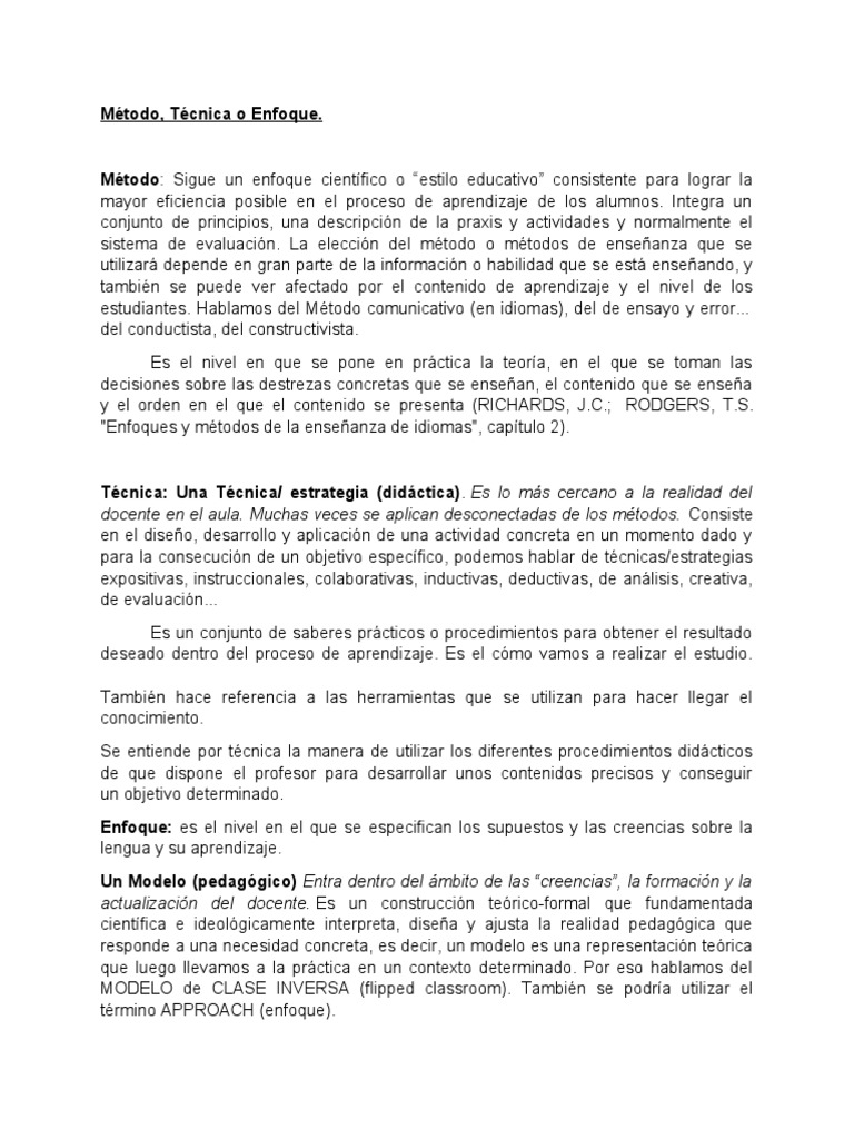 Método Tecnica o Enfoque | PDF | Método de enseñanza | Maestros