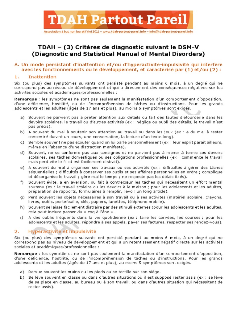 TDAH 3 Criteres de Diagnostic DSM V | PDF | Trouble du déficit de l ...