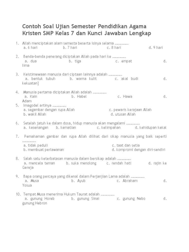Contoh Soal Ujian Semester Pendidikan Agama Kristen SMP Kelas 7 Dan Kunci Jawaban Lengkap | PDF