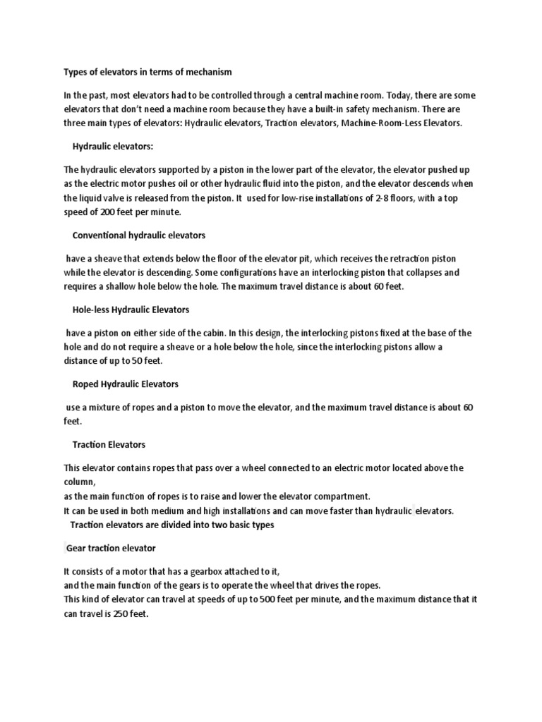 Types of Elevators: Mechanisms Explained | PDF | Elevator ...