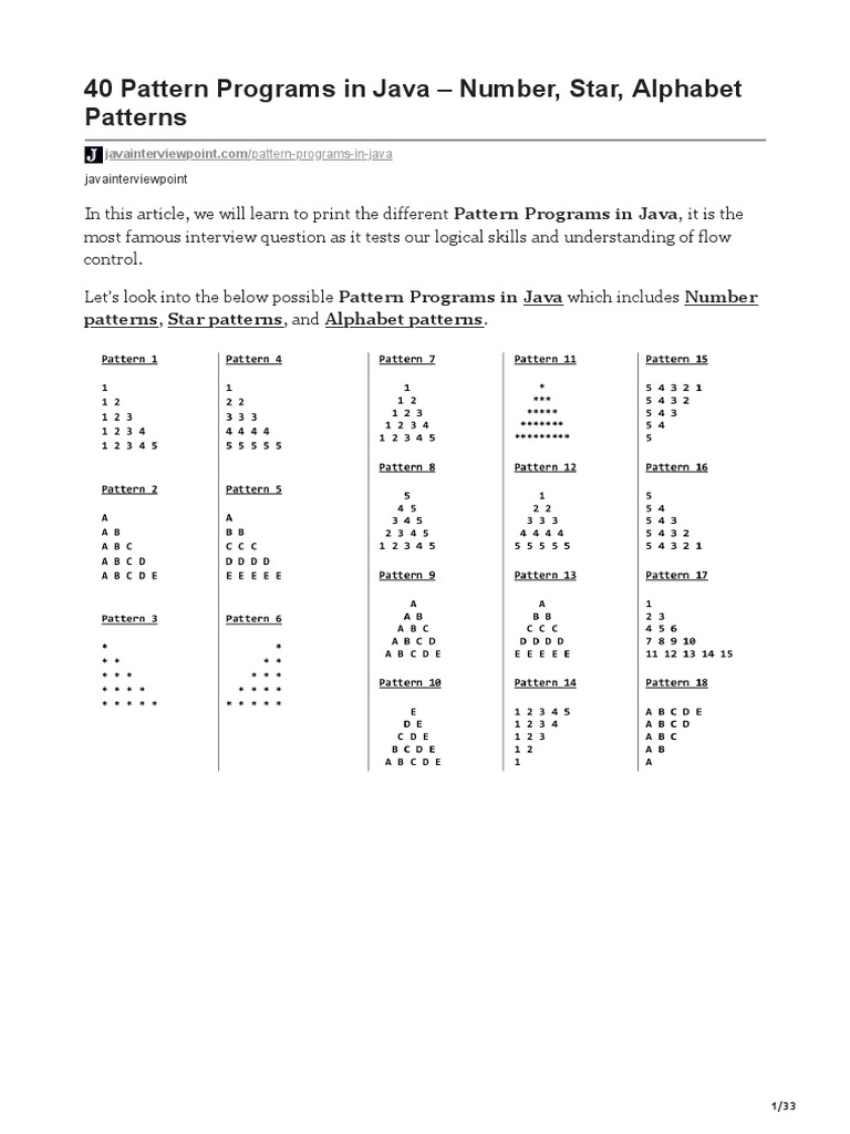 Pattern Programs in Java Number Patterns | PDF | Software | Systems Engineering