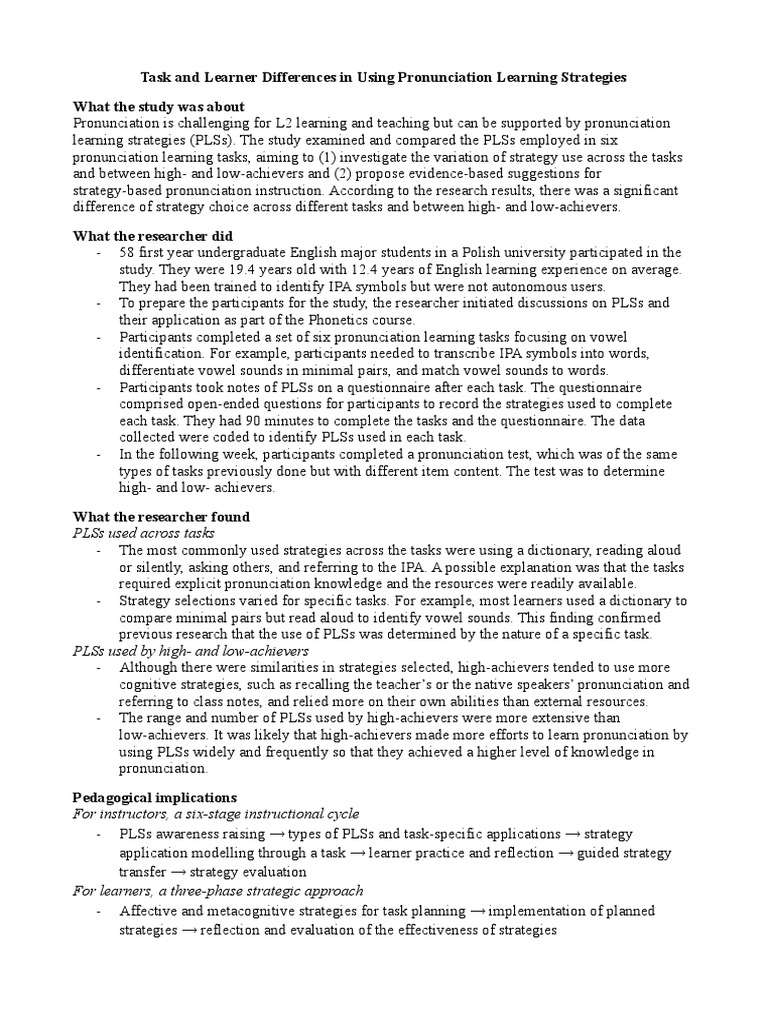 Summary - Pronunciation Learning Strategies | PDF | Learning | English ...