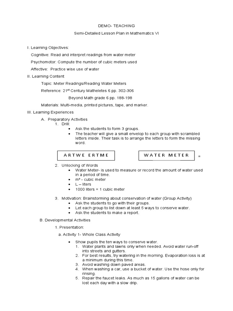 Water Meter LP | PDF | Water | Lesson Plan