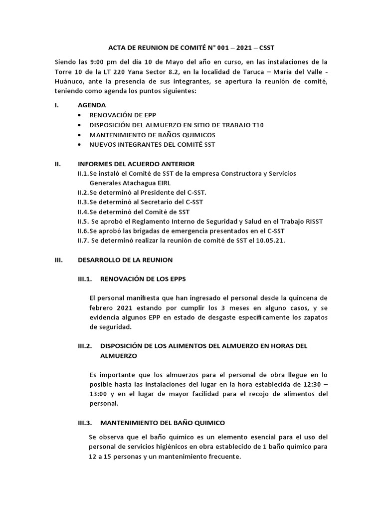 Acta de Reunion de Comité Mayo - 001-2021 | PDF