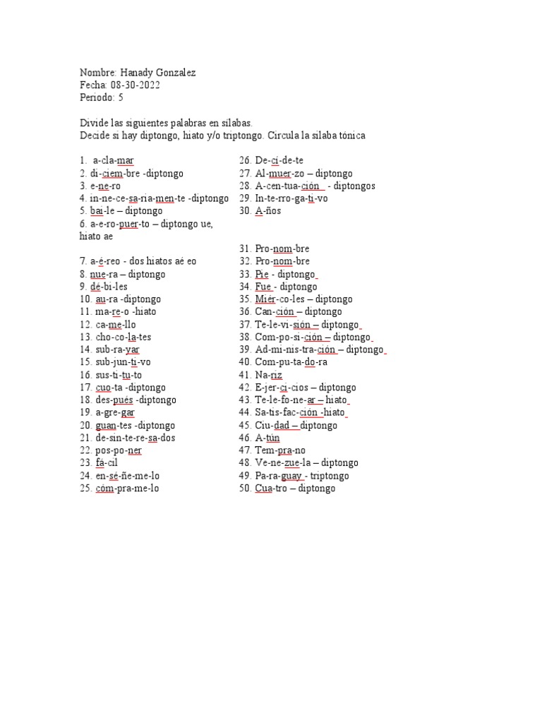 Division en Silabas Hiatos Diptongos y Triptongos 2022 | PDF