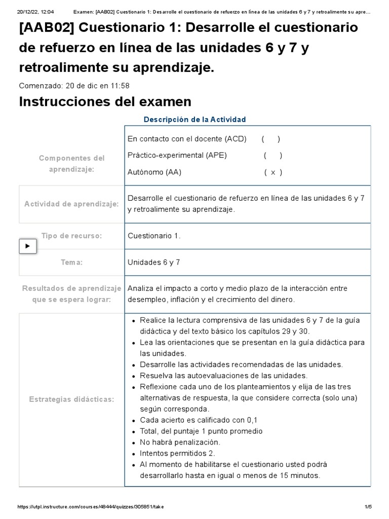 (AAB02) Cuestionario 1. Desarrolle El Cuestionario de Refuerzo en Línea ...