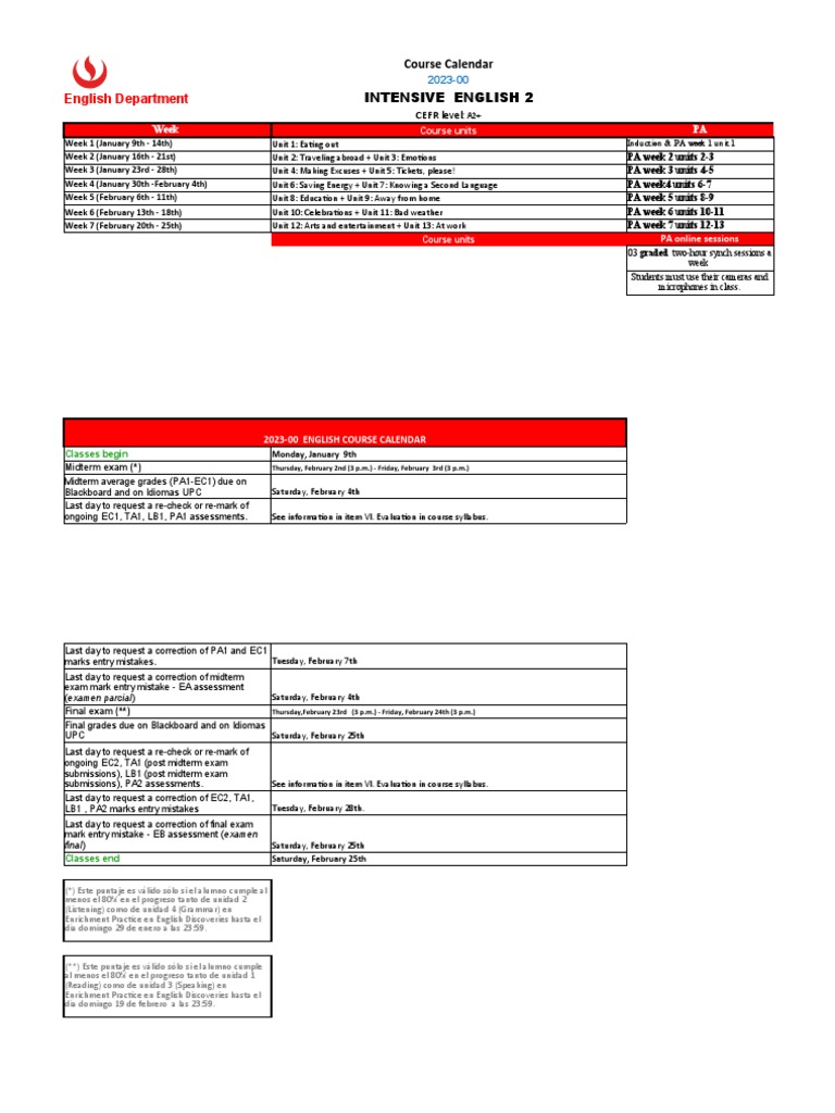 I2 Calendario Inglés UPC 2023-00 | PDF
