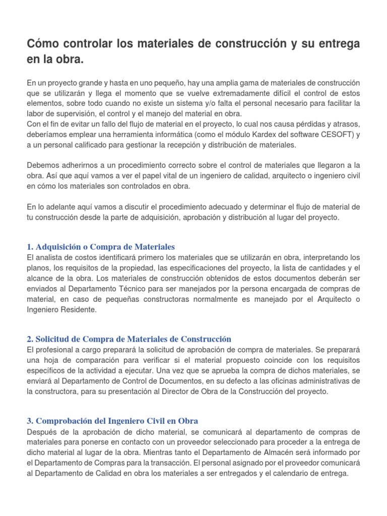 Cómo Controlar Los Materiales de Construcción y Su Entrega en La Obra. | PDF | Arquitecto | Software