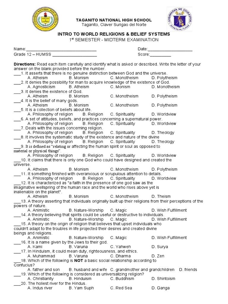 World Religions Midterm Exam Guide | PDF | Trinity | Christian Denomination