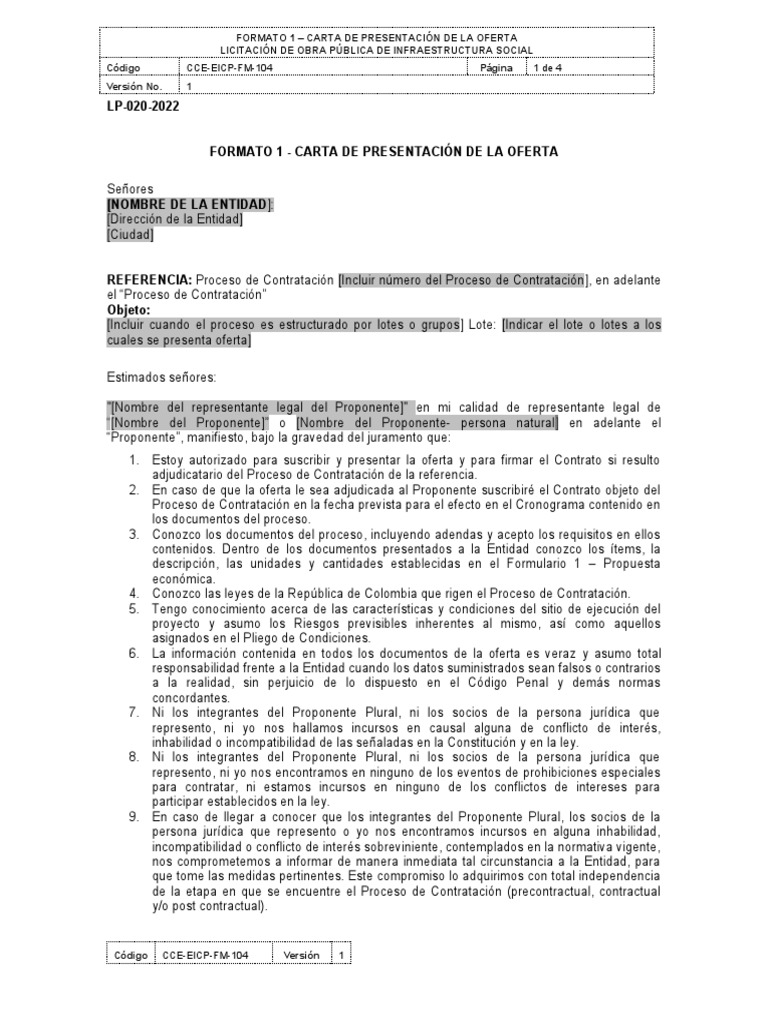 Formato 1 - Carta de Presentaci - N de La Oferta CCE-EICP-FM-104 | PDF | Soborno | Derecho penal
