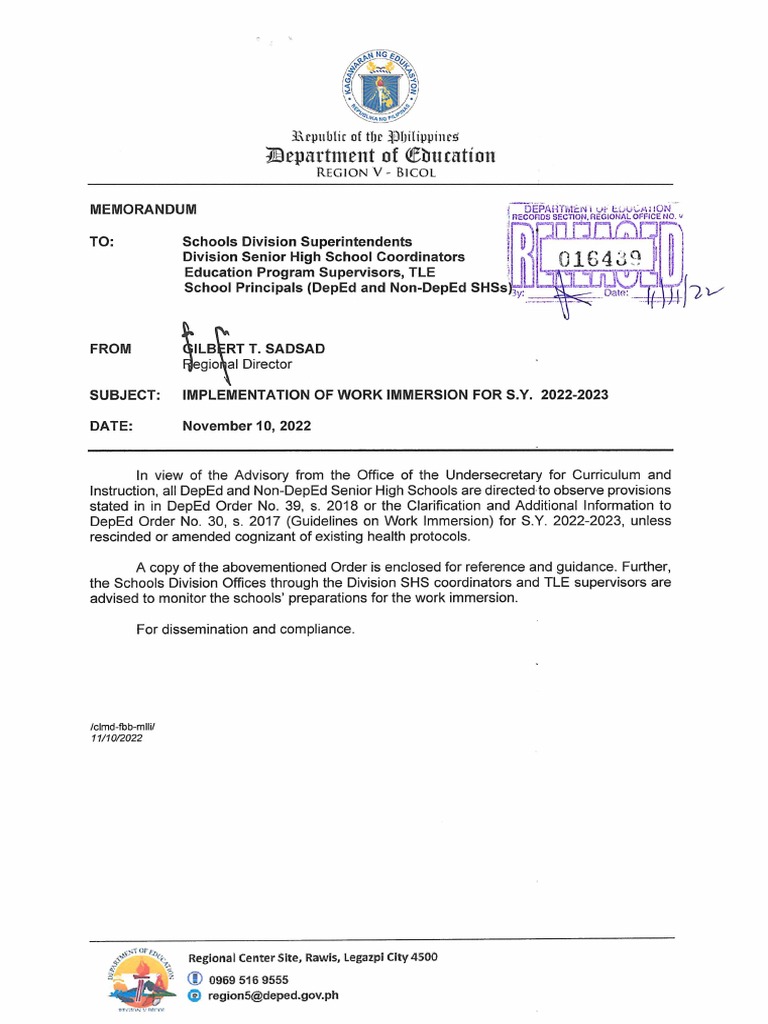 Memo Implementation of Work Immersion For SY 2022 2023 | PDF