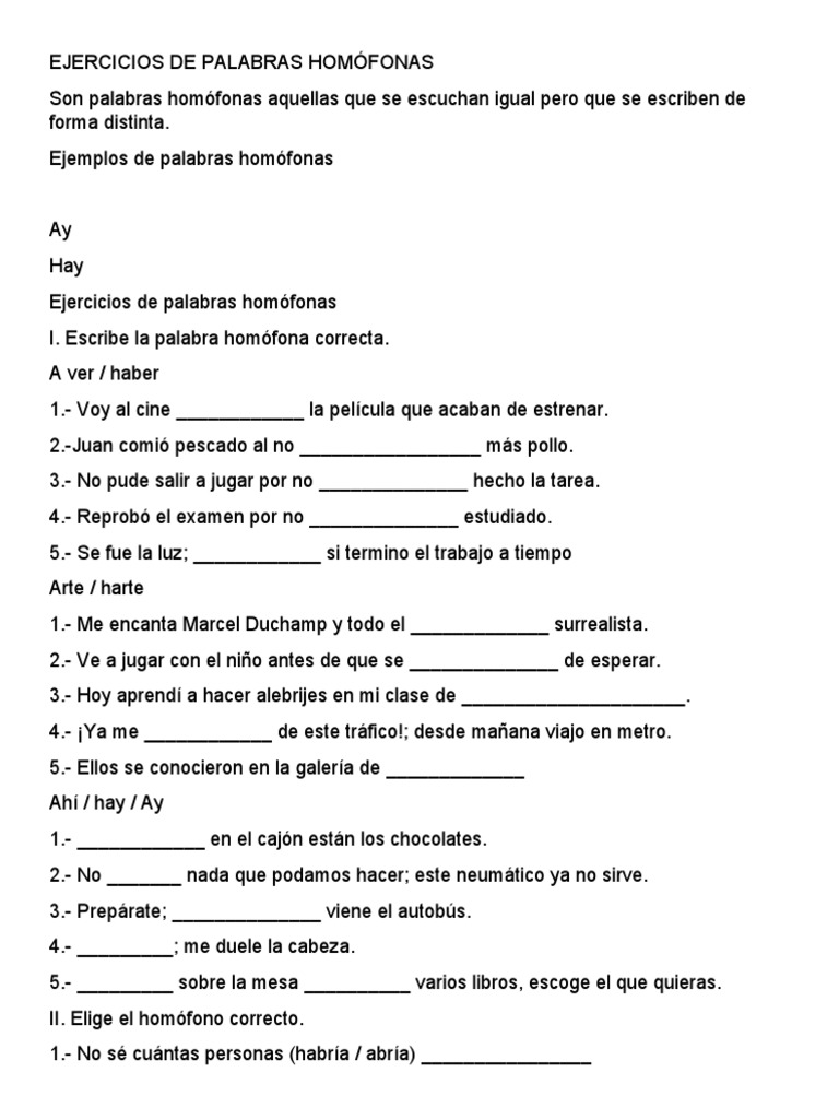 Ejercicios de Palabras Homófonas | PDF