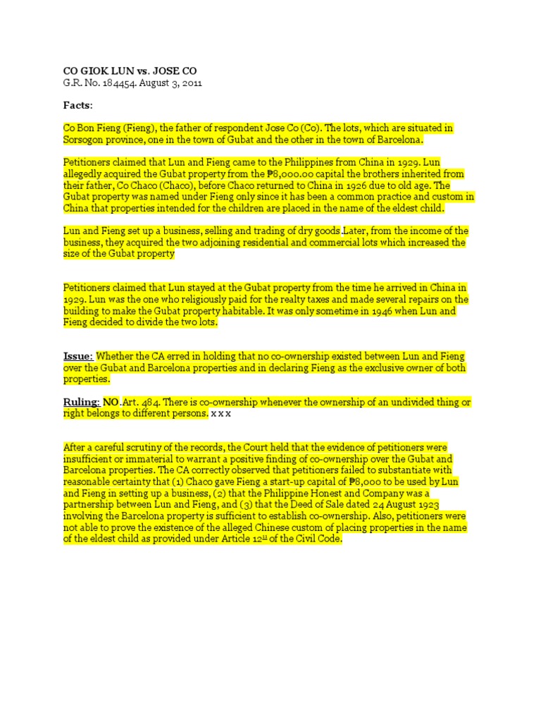 CO GIOK LUN vs. JOSE CO | PDF | Concurrent Estate | Insurance