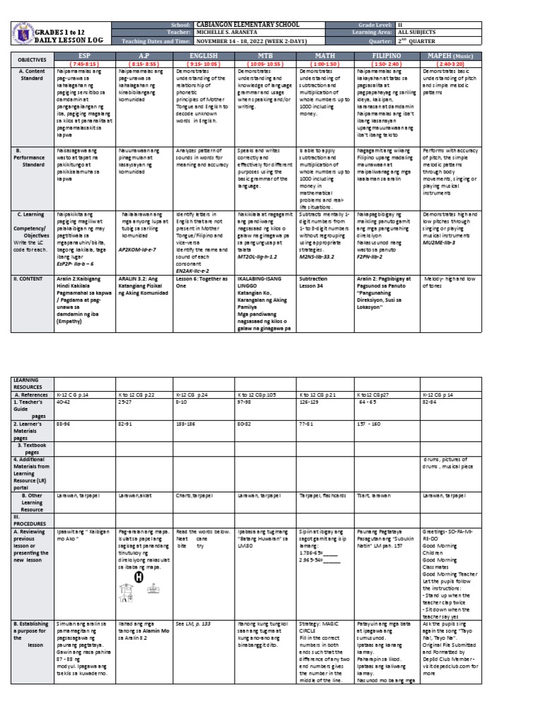 DLL - All Subjects 2 - Q2 - W2 - D1 | PDF DLL - All Subjects 2 - Q2 - W2 - D1 | PDF
