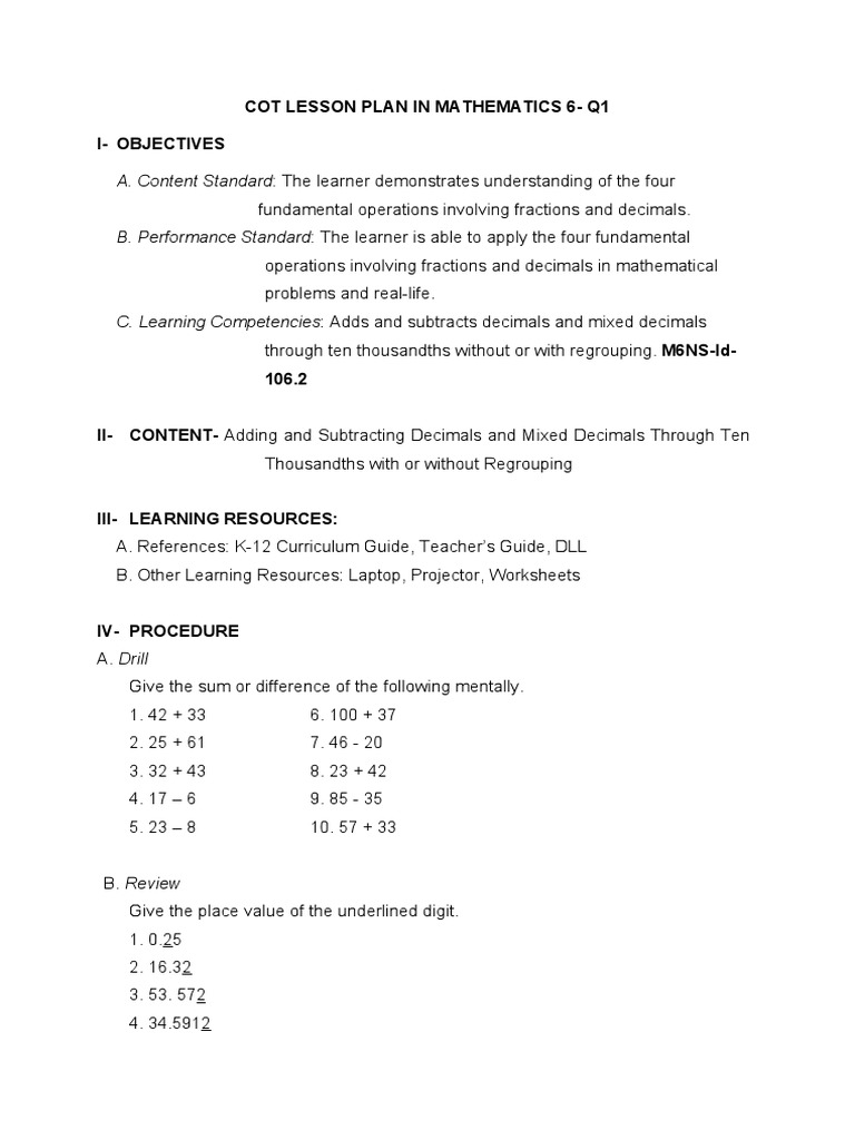 Cot-Lesson-Plan-In-Math 6 - Q1 | PDF | Lesson Plan | Learning