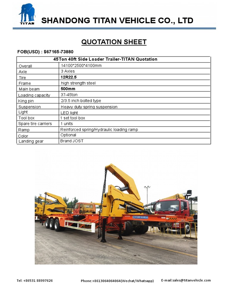 45T 40ft Side Loader Trailer Quotation | PDF | Axle | Semi Trailer Truck