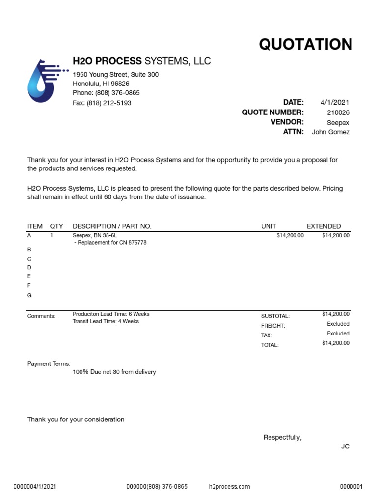 H2o Process, Quote 210026 | PDF | Pump | Mechanical Engineering