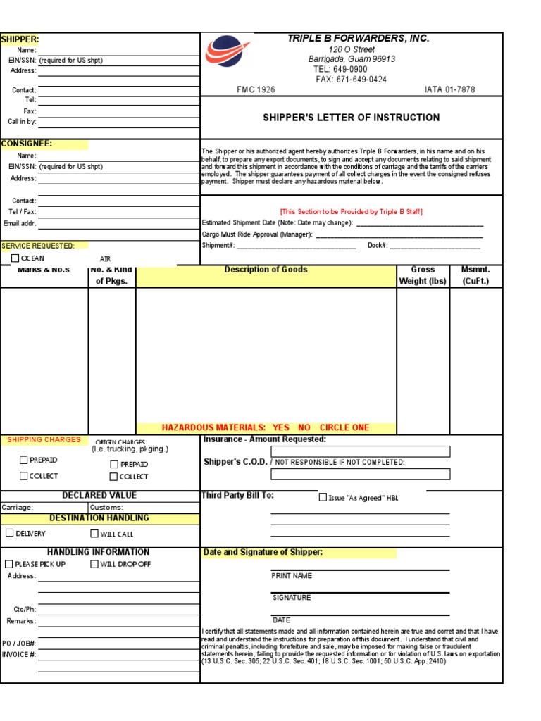 Shipper's Letter of Instruction Template | PDF | Freight Transport | Trade