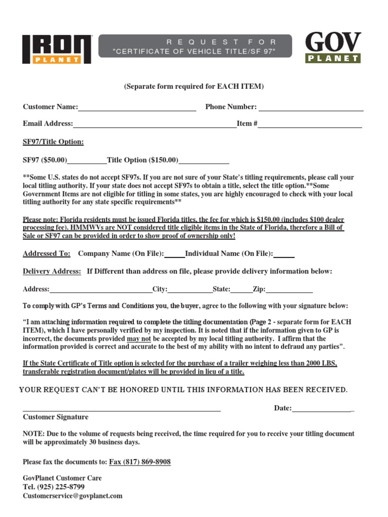SF97 Form Submission for Vehicle Titles | PDF | Vehicles | Transport
