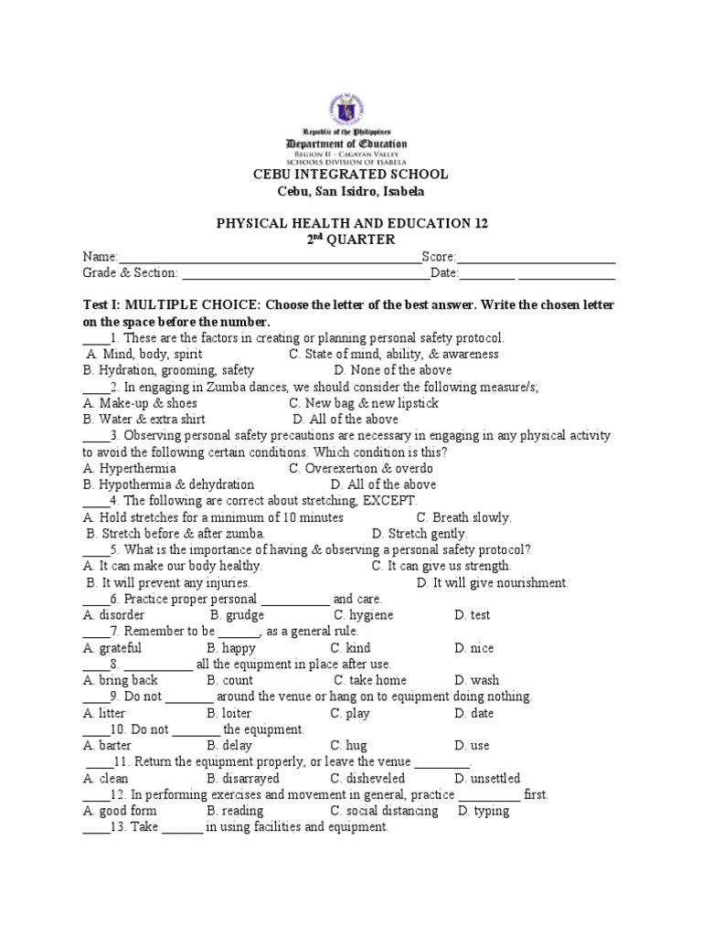 Second Quarter Exam Pe 12 | PDF | Healthy Diet | Diet & Nutrition