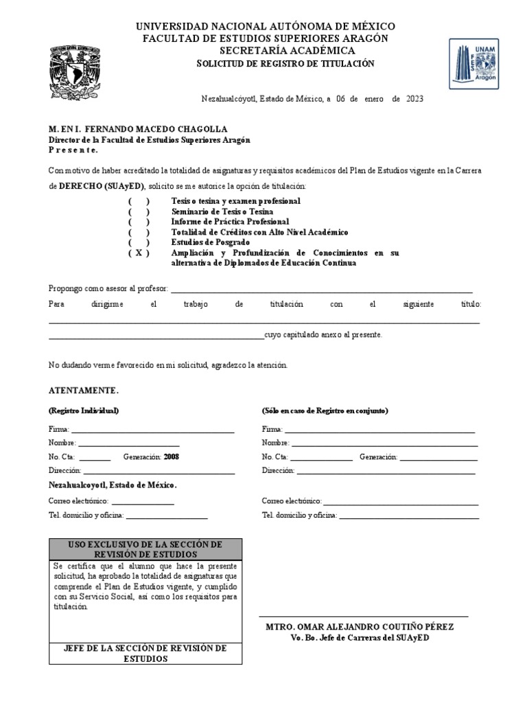 SOLICITUD DE REGISTRO Unam Titulacion 2023 | PDF