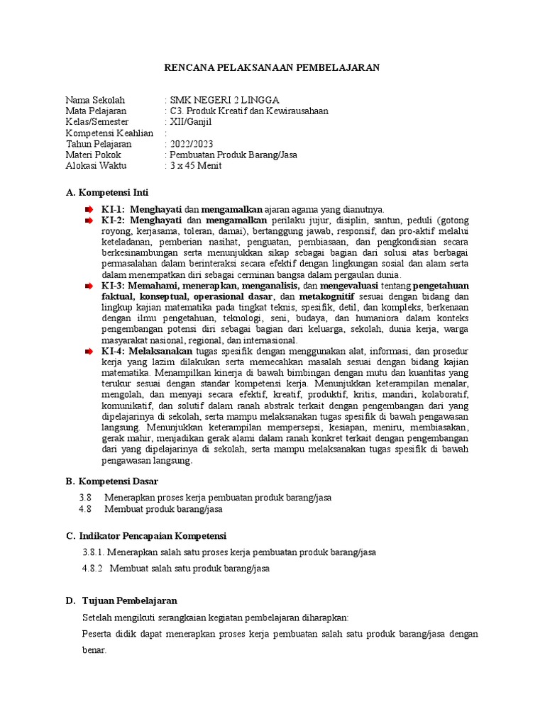 Contoh RPP Kelas 12 SMK | PDF